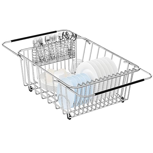 Sink Dish Drying Rack, Expandable 304 Stainless Steel Metal Dish Drainer Rack Organizer Shelves with Stainless Steel Utensil Holder Over Inside Sink, Rustproof