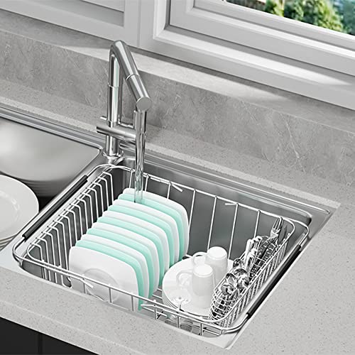 Sink Dish Drying Rack, Expandable 304 Stainless Steel Metal Dish Drainer Rack Organizer Shelves with Stainless Steel Utensil Holder Over Inside Sink, Rustproof