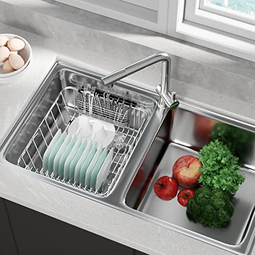 Sink Dish Drying Rack, Expandable 304 Stainless Steel Metal Dish Drainer Rack Organizer Shelves with Stainless Steel Utensil Holder Over Inside Sink, Rustproof