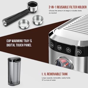 ICUIRE Espresso Machine 20 Bar, Stainless Steel Espresso Maker with Milk Frothing Pitcher, Professional Cappuccino Machine with Milk Frother semi-automatic espresso machine with 1.1L Water Tank