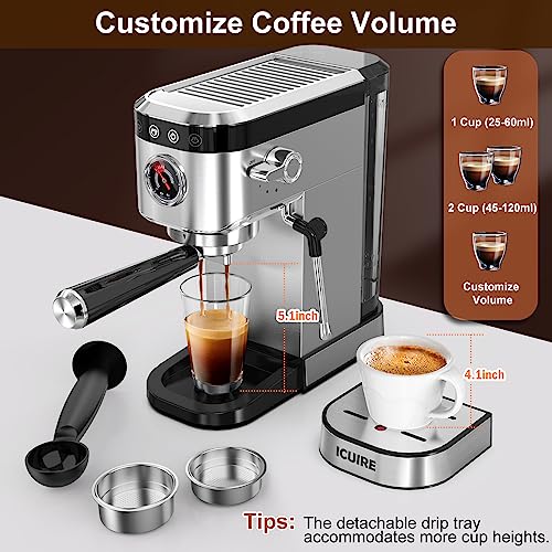 ICUIRE Espresso Machine 20 Bar, Stainless Steel Espresso Maker with Milk Frothing Pitcher, Professional Cappuccino Machine with Milk Frother semi-automatic espresso machine with 1.1L Water Tank