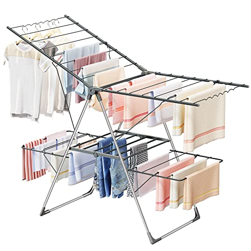 Bigzzia Clothes Drying Rack, 2-Level Laundry Drying Rack Collapsible, Free-Standing 56-inch Large Drying Rack, Height-Adjustable Wings, Stainless Steel Drying Rack Clothing Foldable for Indoor Outdoor