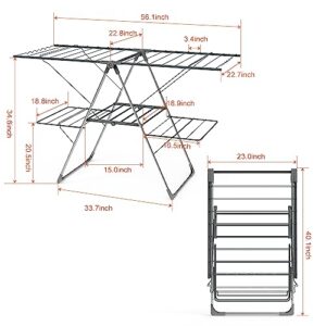 Bigzzia Clothes Drying Rack, 2-Level Laundry Drying Rack Collapsible, Free-Standing 56-inch Large Drying Rack, Height-Adjustable Wings, Stainless Steel Drying Rack Clothing Foldable for Indoor Outdoor