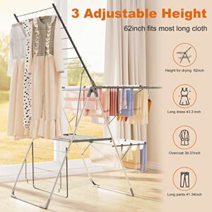 Bigzzia Clothes Drying Rack, 2-Level Laundry Drying Rack Collapsible, Free-Standing 56-inch Large Drying Rack, Height-Adjustable Wings, Stainless Steel Drying Rack Clothing Foldable for Indoor Outdoor