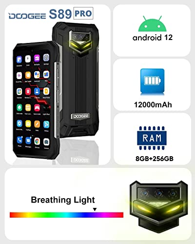 DOOGEE S89 PRO Rugged Smartphone(2022), 12000mAh Massive Battery Android 12 Rugged Phone Unlocked, 65W Fast Charging, 8GB+256GB IP68 Waterproof Cellphone, Night Vision, Breathing Light, NFC, Dual 4G