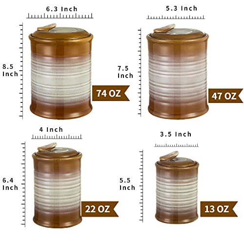 Nihow Ceramic Food Storage Jar Sets: Container with Air Tight Ceramic Lid for Flour/Sugar/Rice/Coffee/Cookies/Candy - Seal Damp-proof Canister for The Kitchen - Set of 4 (Brown)