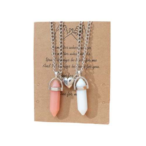 Fuqimanman2020 2 Pcs Crystal Split Heart Matching Pendant Necklace Best Friend Friendship Necklace Love Heart Natural Stone Chakra Necklace-pink white