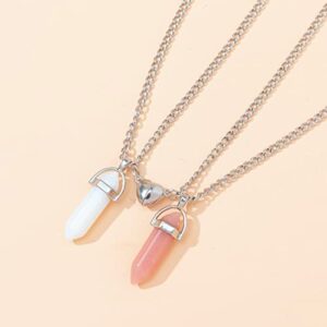 Fuqimanman2020 2 Pcs Crystal Split Heart Matching Pendant Necklace Best Friend Friendship Necklace Love Heart Natural Stone Chakra Necklace-pink white