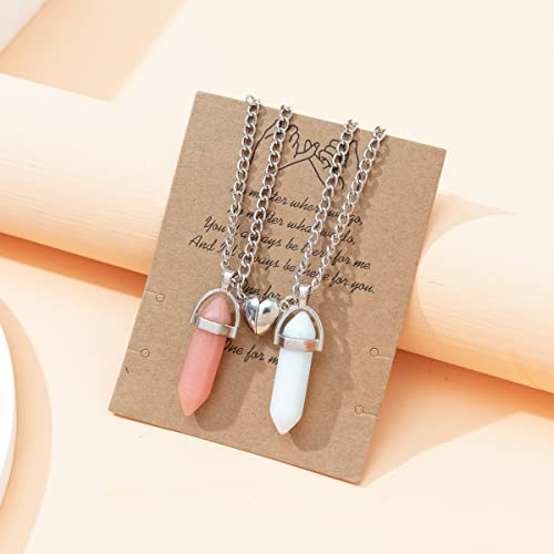 Fuqimanman2020 2 Pcs Crystal Split Heart Matching Pendant Necklace Best Friend Friendship Necklace Love Heart Natural Stone Chakra Necklace-pink white