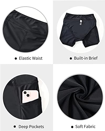 Yonique Women High Waisted Swim Shorts with Pockets Tummy Control Bathing Suit Bottoms Board Shorts Black S