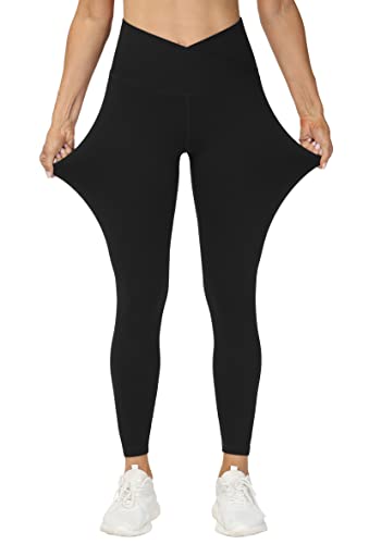 Women's V Cross Waist Yoga Leggings High Waisted Tummy Control Workout Running Pants Black