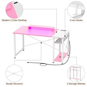 armocity 47 Gaming Computer Desk with LED Lights, Power Outlet and USB, Reversible Laptop Table with Moveable Monitor Stand for Small Spaces, Office, Gaming Room, Pink and White