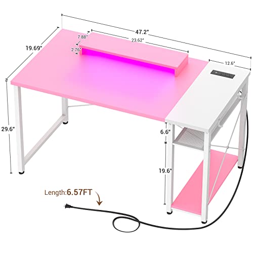 armocity 47 Gaming Computer Desk with LED Lights, Power Outlet and USB, Reversible Laptop Table with Moveable Monitor Stand for Small Spaces, Office, Gaming Room, Pink and White