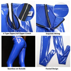 LESOYA Women's Sexy Shiny PVC Leather Leggings Stretchy Skinny Pants Full Zipper Crotch Footed Trousers Blue