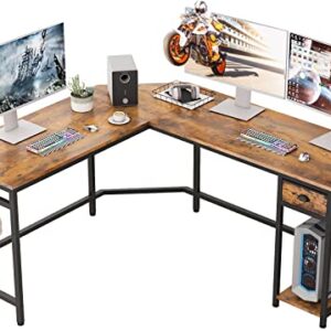 Furologee L Shaped Computer Desk with Drawer and Shelves, 59"Large Corner Desk with 2 Hooks, Gaming Desk Modern Office Desk Writing Study Table Workstation for Home Office, Space-Saving, Rustic Brown