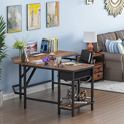 Furologee L Shaped Computer Desk with Drawer and Shelves, 59"Large Corner Desk with 2 Hooks, Gaming Desk Modern Office Desk Writing Study Table Workstation for Home Office, Space-Saving, Rustic Brown