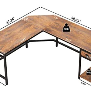 Furologee L Shaped Computer Desk with Drawer and Shelves, 59"Large Corner Desk with 2 Hooks, Gaming Desk Modern Office Desk Writing Study Table Workstation for Home Office, Space-Saving, Rustic Brown