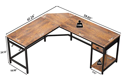 Furologee L Shaped Computer Desk with Drawer and Shelves, 59"Large Corner Desk with 2 Hooks, Gaming Desk Modern Office Desk Writing Study Table Workstation for Home Office, Space-Saving, Rustic Brown