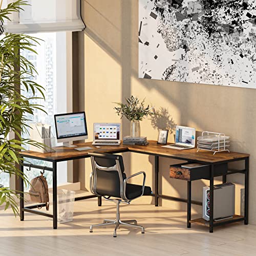 Furologee L Shaped Computer Desk with Drawer and Shelves, 59"Large Corner Desk with 2 Hooks, Gaming Desk Modern Office Desk Writing Study Table Workstation for Home Office, Space-Saving, Rustic Brown