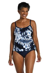 maxine of hollywood women's standard scoop neck faux side tie one piece swimsuit, indigo//moonlight tropics, 16