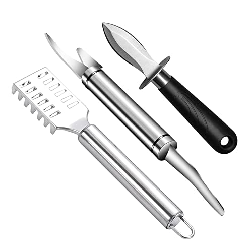 Shrimp Deveiner Tool, 3 in 1 Shrimp Peeler Pack of 3, Oyster Shucking Knife, Fish Scaler Remover, Stainless Steel Seafood tools Set, Home Kitchen Creative Tools, Silver