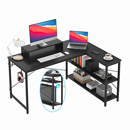 47 INCH L Shaped Computer Desk with Storage Shelves, Heavy Duty Home Office Desks with Monitor Stand, Corner Desk for Small Space Bedroom, Study Writing Workstation PC Table, Easy to Assemble, Black