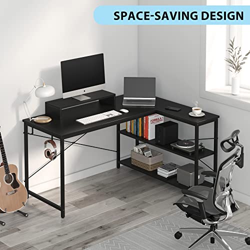 47 INCH L Shaped Computer Desk with Storage Shelves, Heavy Duty Home Office Desks with Monitor Stand, Corner Desk for Small Space Bedroom, Study Writing Workstation PC Table, Easy to Assemble, Black