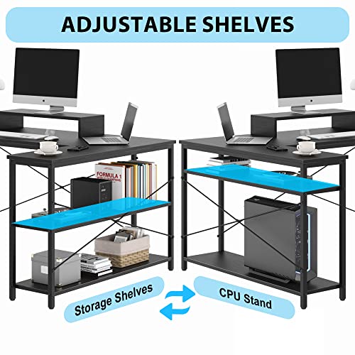 47 INCH L Shaped Computer Desk with Storage Shelves, Heavy Duty Home Office Desks with Monitor Stand, Corner Desk for Small Space Bedroom, Study Writing Workstation PC Table, Easy to Assemble, Black