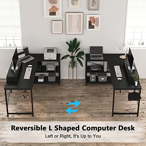 47 INCH L Shaped Computer Desk with Storage Shelves, Heavy Duty Home Office Desks with Monitor Stand, Corner Desk for Small Space Bedroom, Study Writing Workstation PC Table, Easy to Assemble, Black