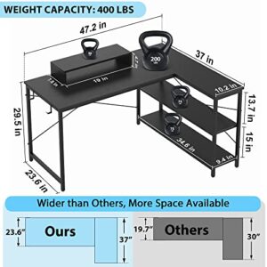 47 INCH L Shaped Computer Desk with Storage Shelves, Heavy Duty Home Office Desks with Monitor Stand, Corner Desk for Small Space Bedroom, Study Writing Workstation PC Table, Easy to Assemble, Black