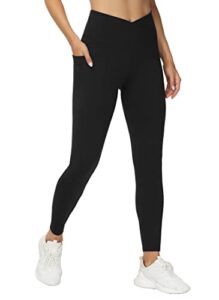 the gym people women's v cross waist workout leggings tummy control running yoga pants with pockets(black, medium)