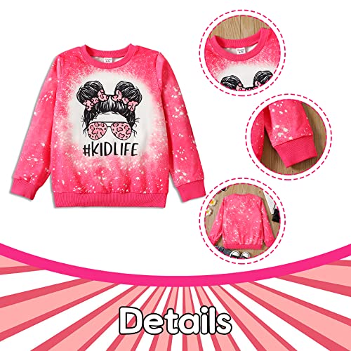 PATPAT Kid Girl's Outfits Cartoon Tie Dyed/Leopard Print Pullover Sweatshirt Long Sleeve Shirt, Hot Pink, 7-8 Years