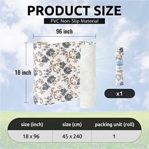 FIFTY-FEET 18X96 Inch Shelf Liner for Kitchen Cabinets, PVC Drawer Liner for Dresser Non-Slip Bathroom, Non-Adhesive Cabinet Liner Washable (Black Floral)(1 Roll)