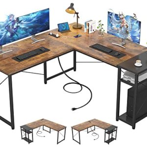 Ecoprsio L-Shaped Desk with Power Station and USB, Large L Shaped Gaming Desk with Storage Shelves Industrial Corner Desk Writing Study Table for Home Office Gaming Workstation, Rustic Brown and Black