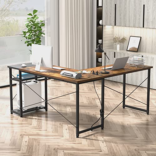 Ecoprsio L-Shaped Desk with Power Station and USB, Large L Shaped Gaming Desk with Storage Shelves Industrial Corner Desk Writing Study Table for Home Office Gaming Workstation, Rustic Brown and Black