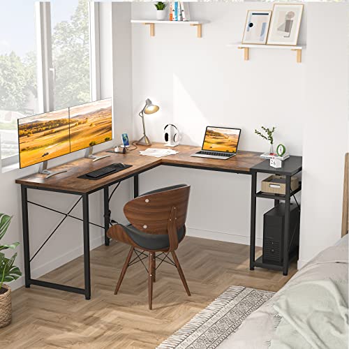 Ecoprsio L-Shaped Desk with Power Station and USB, Large L Shaped Gaming Desk with Storage Shelves Industrial Corner Desk Writing Study Table for Home Office Gaming Workstation, Rustic Brown and Black