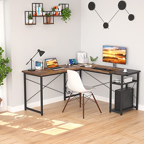 Ecoprsio L-Shaped Desk with Power Station and USB, Large L Shaped Gaming Desk with Storage Shelves Industrial Corner Desk Writing Study Table for Home Office Gaming Workstation, Rustic Brown and Black