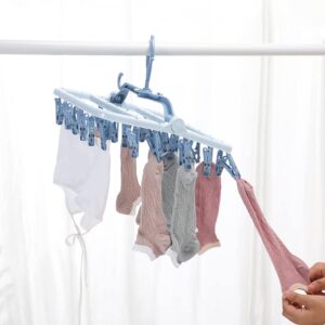 Foshine Clothes Drying Racks Foldable Clip Hangers Drip Hanger Plastic with 32 Drying Clips Wind-Proof Hook Underwear Hanger with Clips Plastic Laundry Clip for Socks Bras Blue (Blue)