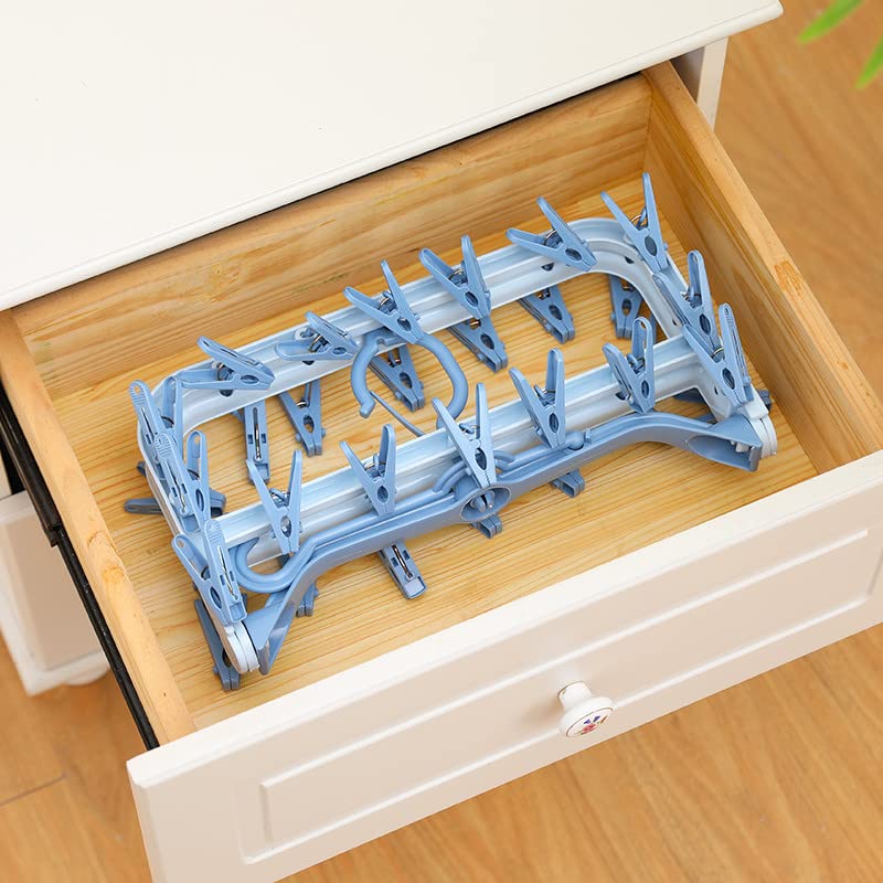 Foshine Clothes Drying Racks Foldable Clip Hangers Drip Hanger Plastic with 32 Drying Clips Wind-Proof Hook Underwear Hanger with Clips Plastic Laundry Clip for Socks Bras Blue (Blue)