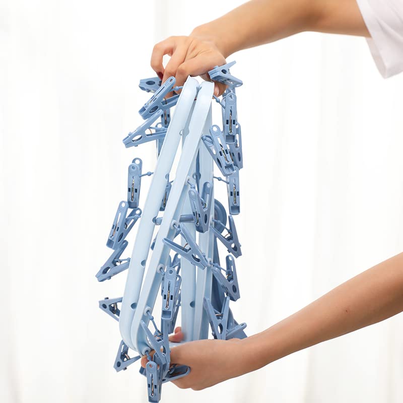 Foshine Clothes Drying Racks Foldable Clip Hangers Drip Hanger Plastic with 32 Drying Clips Wind-Proof Hook Underwear Hanger with Clips Plastic Laundry Clip for Socks Bras Blue (Blue)