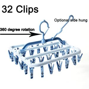 Foshine Clothes Drying Racks Foldable Clip Hangers Drip Hanger Plastic with 32 Drying Clips Wind-Proof Hook Underwear Hanger with Clips Plastic Laundry Clip for Socks Bras Blue (Blue)