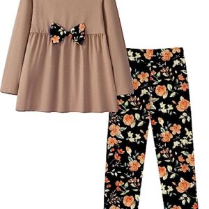 Yekaty Little Girls Clothing Set Kids Soft Crewneck Long Sleeve Outfits With Bowknot Khaki Tops+Floral Loose Pants Sets