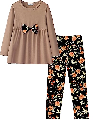 Yekaty Little Girls Clothing Set Kids Soft Crewneck Long Sleeve Outfits With Bowknot Khaki Tops+Floral Loose Pants Sets