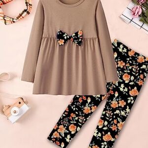 Yekaty Little Girls Clothing Set Kids Soft Crewneck Long Sleeve Outfits With Bowknot Khaki Tops+Floral Loose Pants Sets