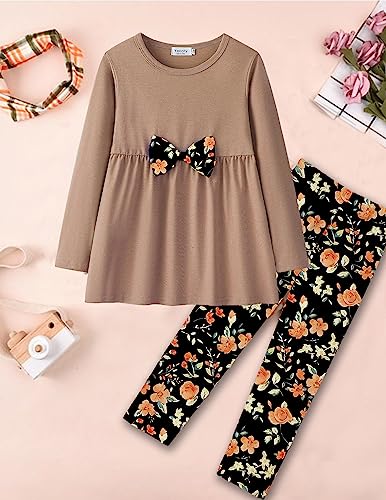 Yekaty Little Girls Clothing Set Kids Soft Crewneck Long Sleeve Outfits With Bowknot Khaki Tops+Floral Loose Pants Sets