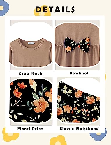 Yekaty Little Girls Clothing Set Kids Soft Crewneck Long Sleeve Outfits With Bowknot Khaki Tops+Floral Loose Pants Sets