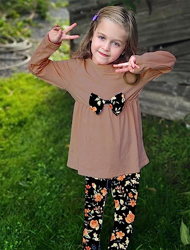 Yekaty Little Girls Clothing Set Kids Soft Crewneck Long Sleeve Outfits With Bowknot Khaki Tops+Floral Loose Pants Sets