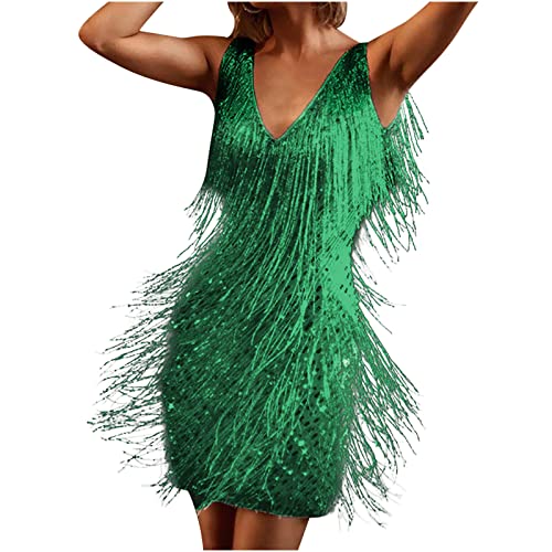 Ruziyoog Fashion Dress for Women Elegant Tassels Sequin Fringe Flapper Dresses Sexy Spaghetti Straps Mini Dancewear Dress