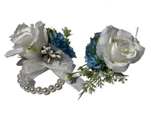 wrist corsage set 2 for wedding, ivory and dusty blue rose corsage bracelet for anniversary, formal dinner party and french fall vintage wedding, prom flower