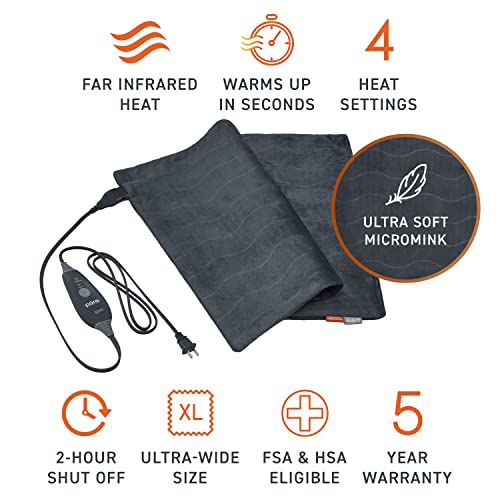 Pure Enrichment® PureRelief™ Pro Far Infrared Ultra-Wide Heating Pad - Deeper Muscle Relief for Back, Neck, Shoulder, & Knee Pain in Athletes, 4 Heat Settings, Dry/Moist Heat, 20” x 24” Wide Size